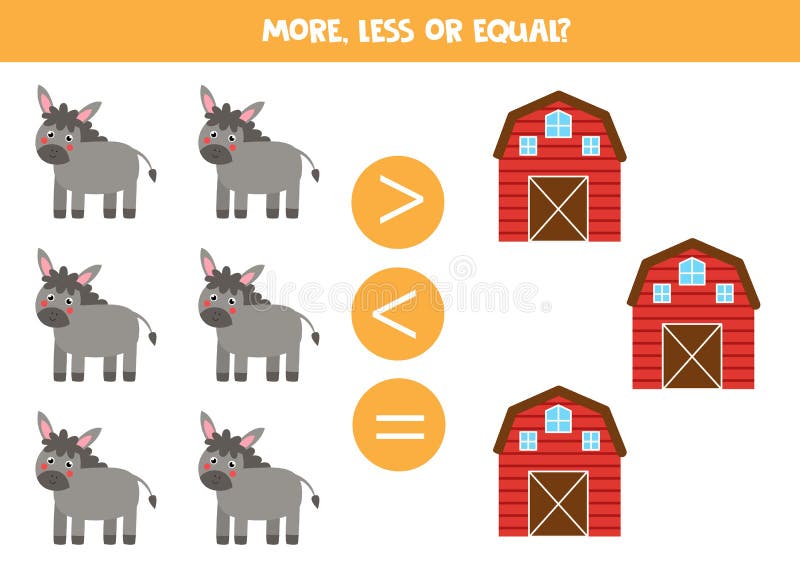 More, less or Equal with Cartoon Donkey and Barn Stock Vector ...