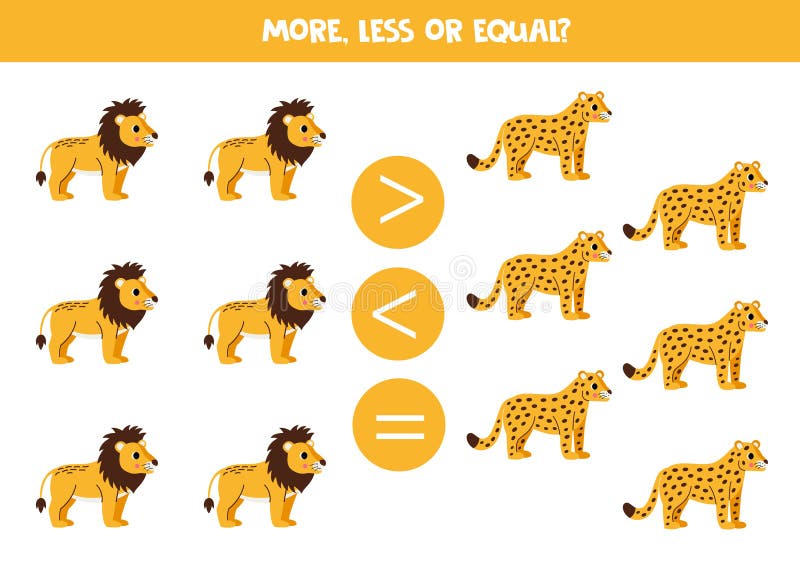 More, less or Equal with Cute Lions and Leopards. Comparison Game Stock ...