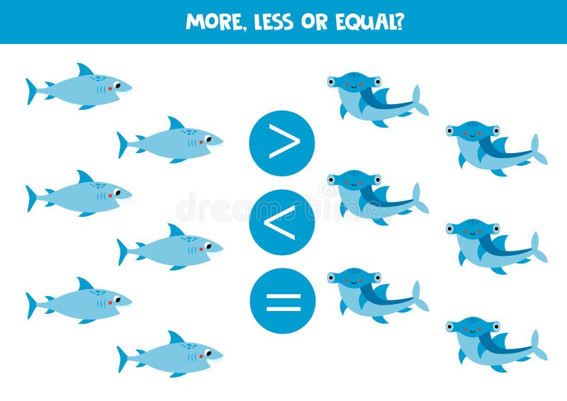 More less or Equal with Cartoon Hammerhead Shark and Blue Shark Stock ...