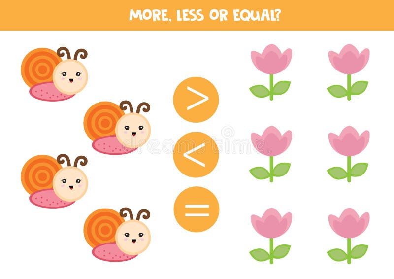 More, less or Equal with Cartoon Cute Snails and Flowers Stock Vector ...