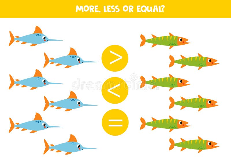 More, less or Equal with Cartoon Cute Swordfish and Barracuda Stock ...