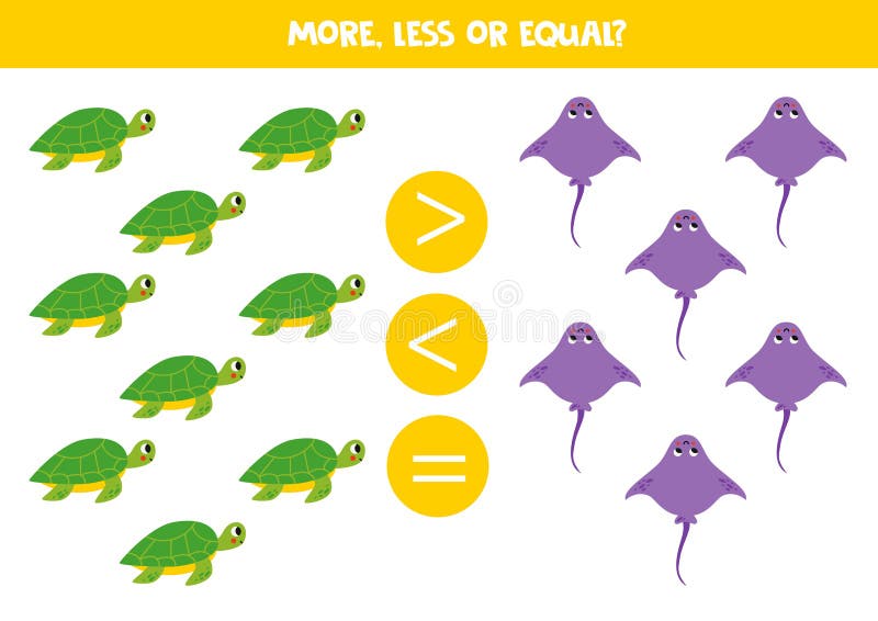 More, less or Equal with Cartoon Cute Stingray and Turtle Stock Vector ...