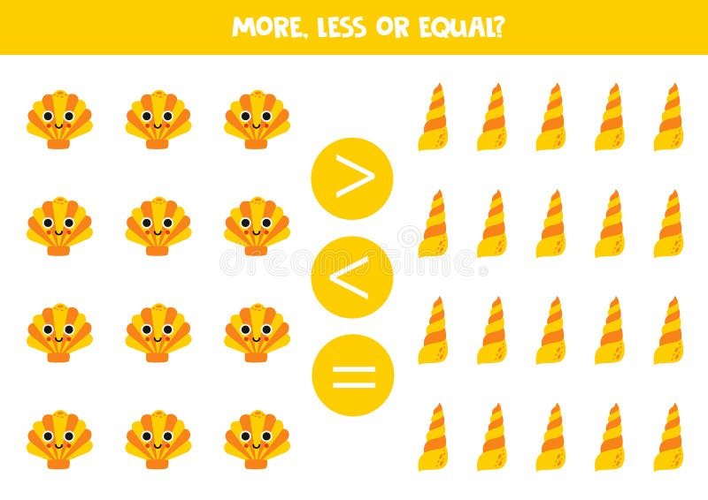 More, less or Equal with Cartoon Cute Yellow Seashells Stock Vector ...