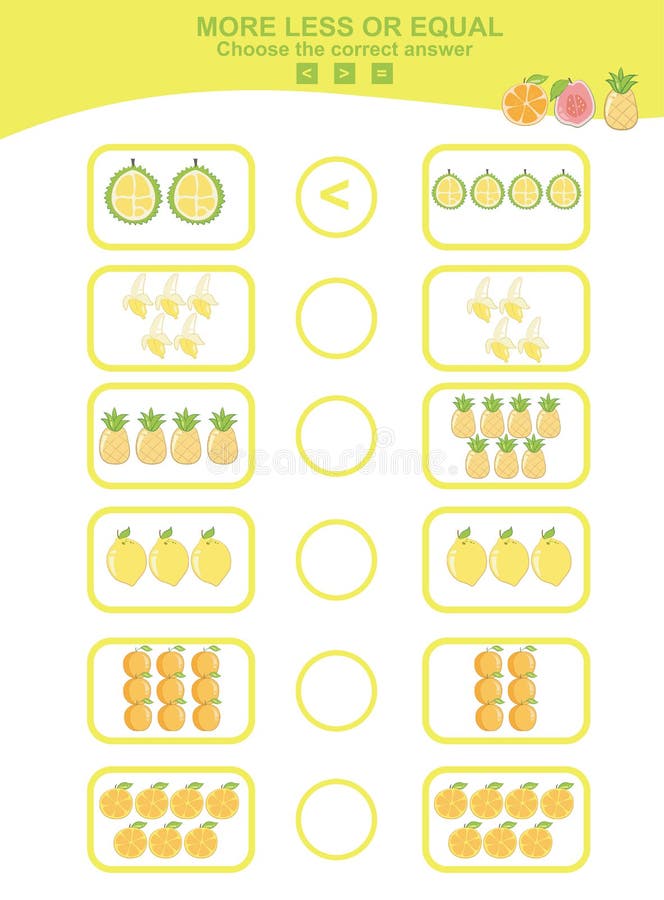 More less Equal Math Worksheet Stock Vector - Illustration of fruit ...