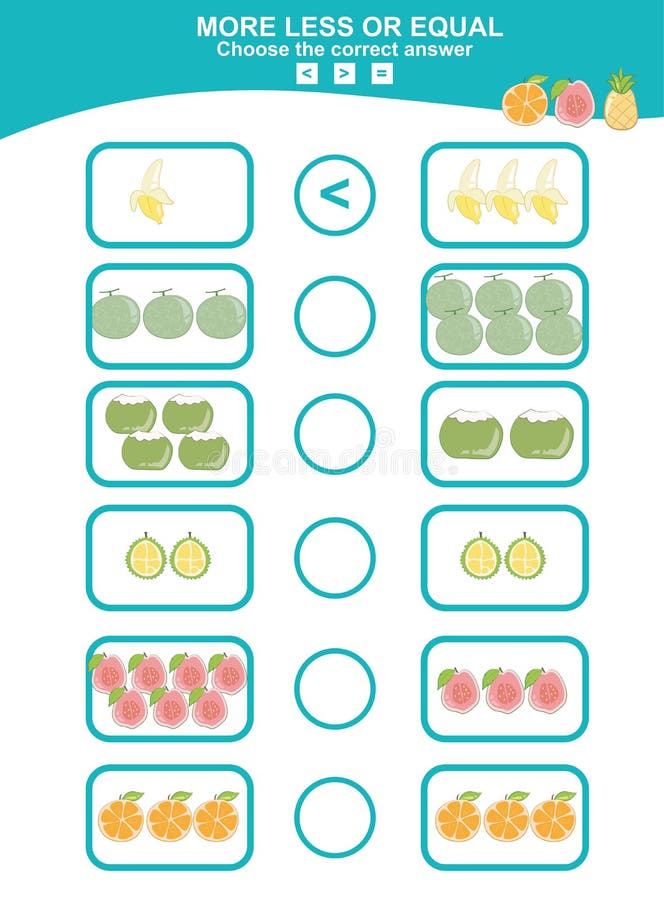 More less Equal Math Worksheet Stock Vector - Illustration of vector ...