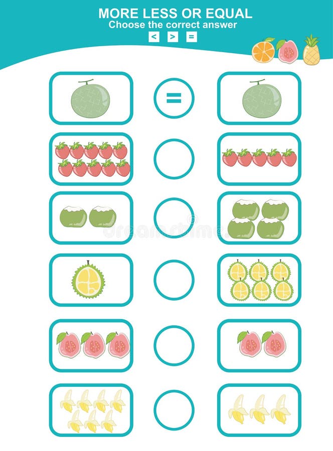 More less Equal Math Worksheet Stock Vector - Illustration of preschool ...