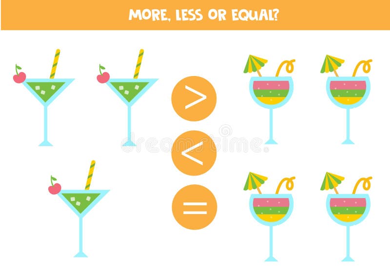 More, less, Equal with Summer Cocktails. Math Comparison. Stock Vector ...