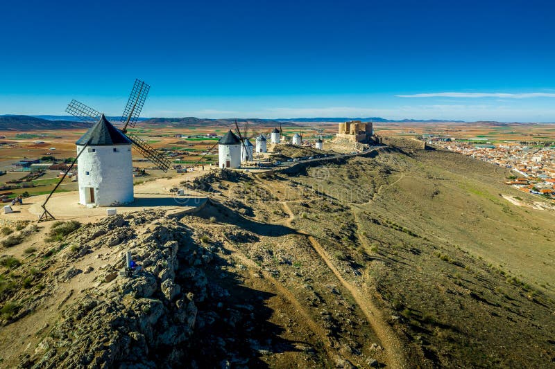 Consuegra Castle and Windmills Aerial View with Blue Sky in La Mancha ...