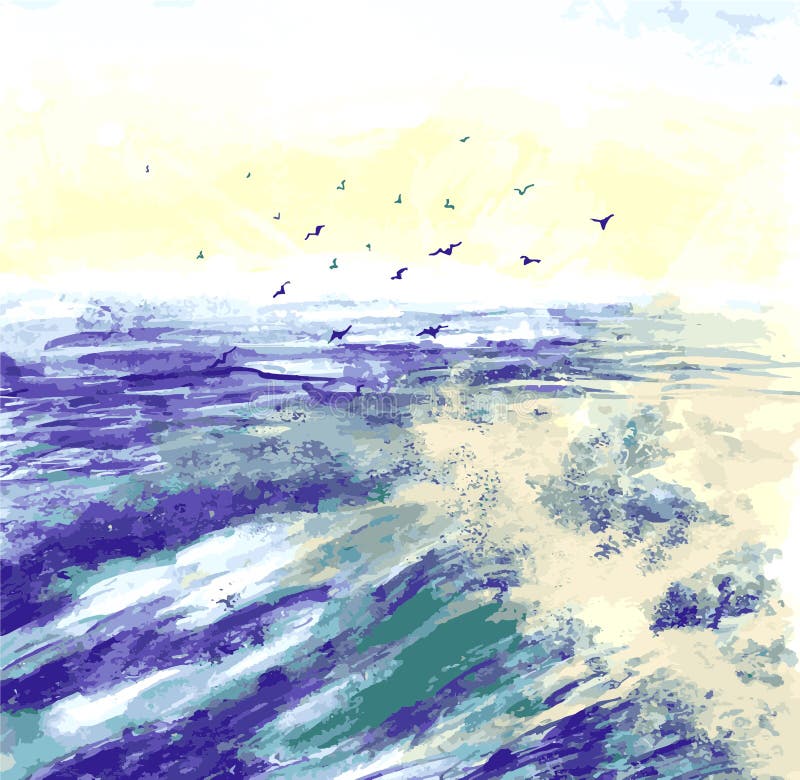 More Vec Art Sketch Drawing Sea with Seagulls Stock Illustration ...