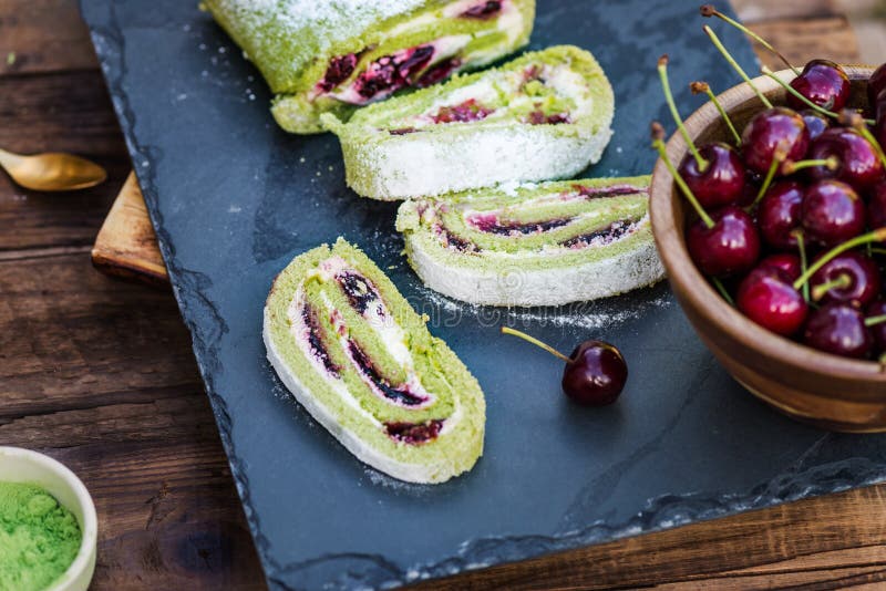 Morello Cherry and Matcha Roulade Stock Photo - Image of organic, green ...