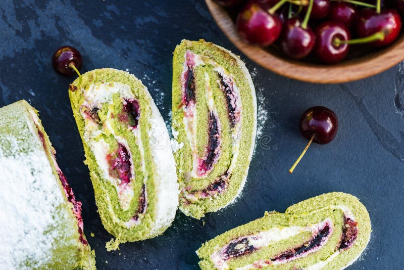 Morello Cherry and Matcha Roulade Stock Photo - Image of asian, green ...