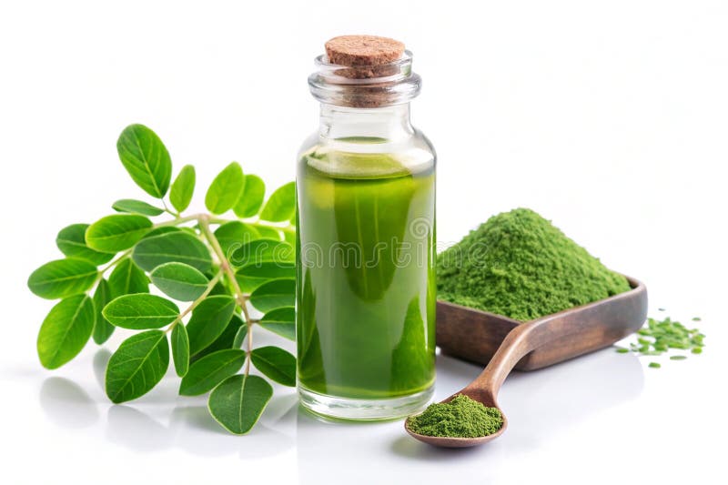 Moringa Leaves and Pure Extract in Small Transparent Bottle Isolated on ...