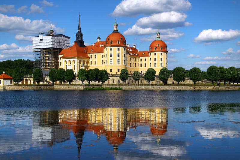 Moritzburg Castle Reflecting in the Lake Under Blue Sky Stock Image ...