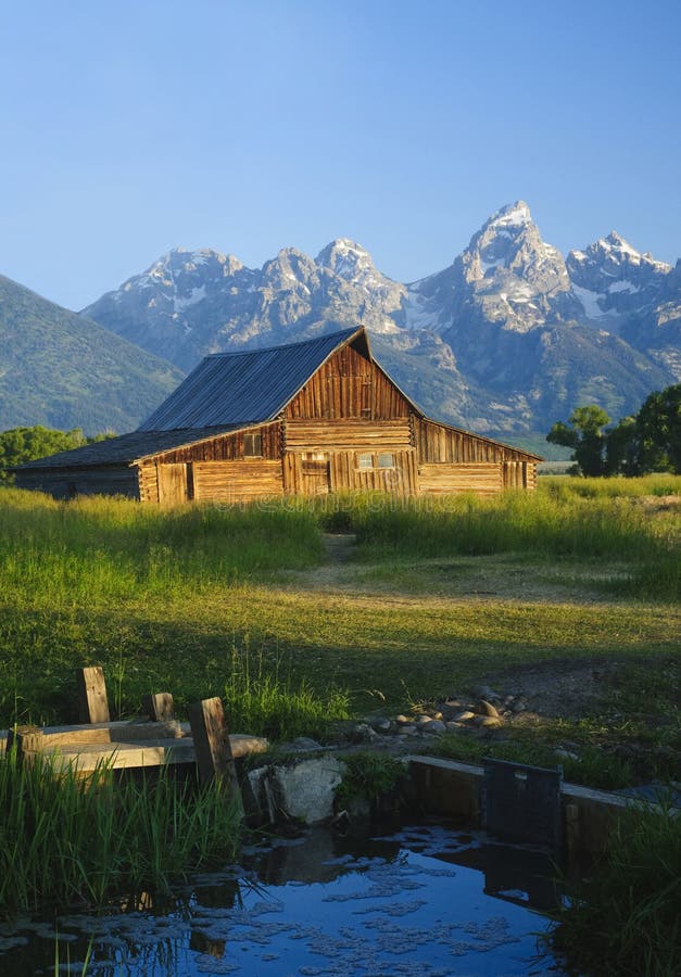 Old Mormon Barn Farm in Summer with Blue Colored Grand Tetons in ...