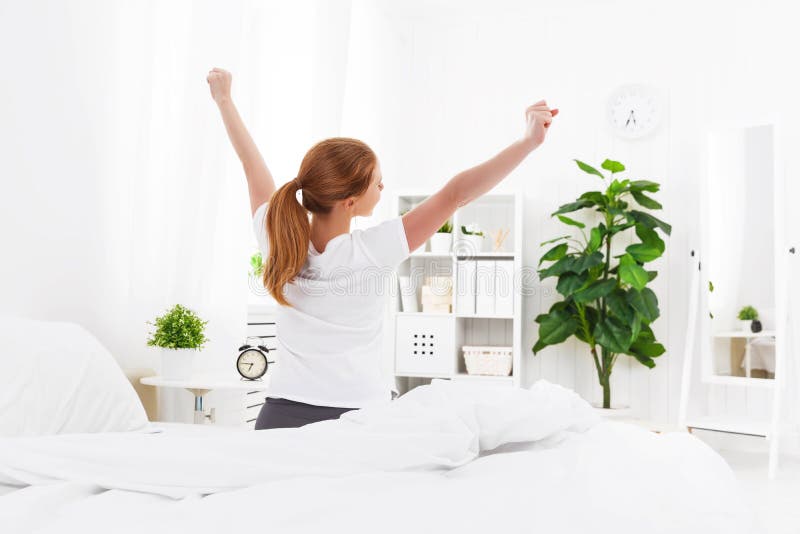 Morning Awakening of Young Woman in Bed Stock Photo - Image of hands ...