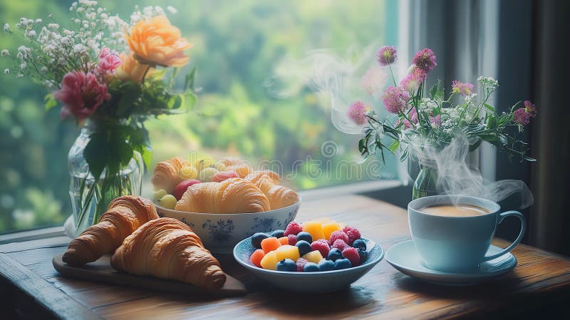 Morning Bakery Illustration Croissants Fruit Coffee Flowers Stock ...