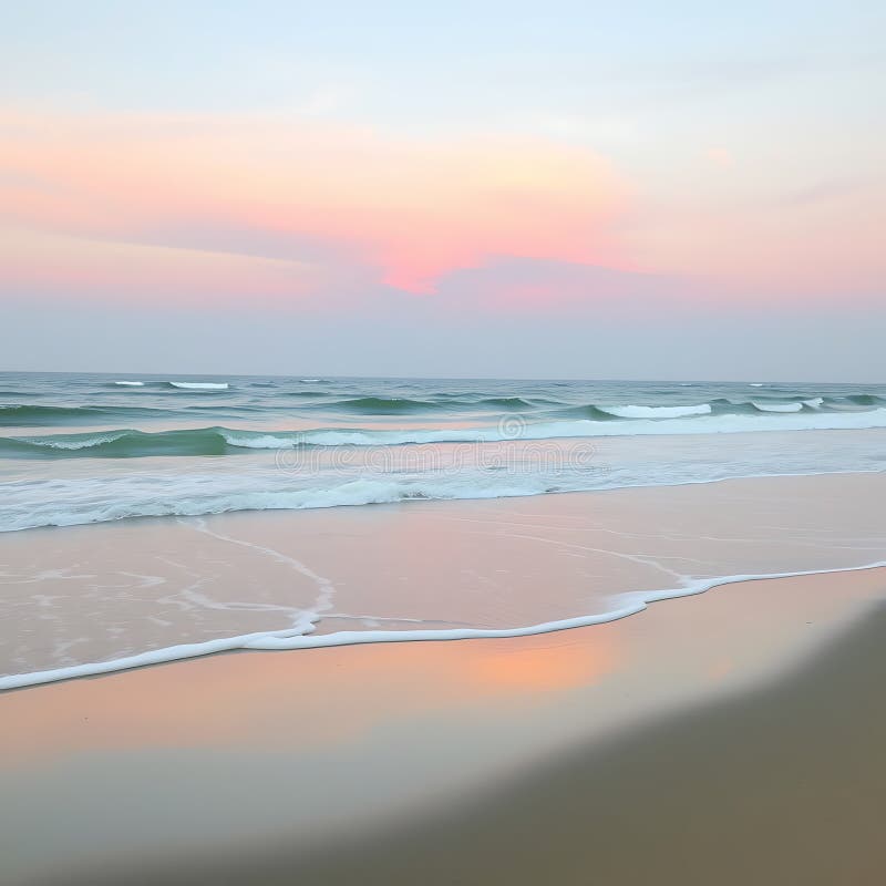 Morning Beach with Pink Sky and Gentle Waves Stock Illustration ...