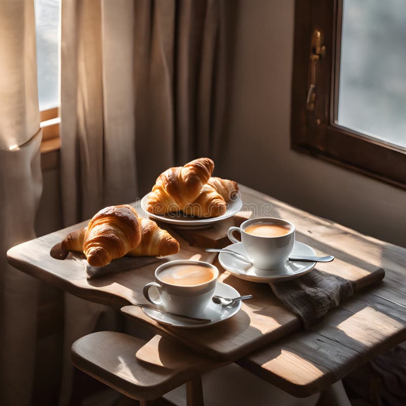 Morning Bliss: Coffee and Croissants by the Window Stock Image - Image ...