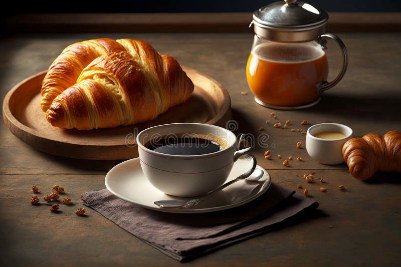 Morning Breakfast with Cup of Coffee and Croissant on Table Stock ...
