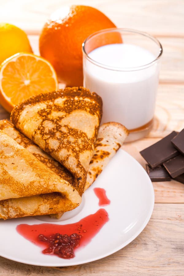 Morning Breakfast. Fresh Pancakes, Milk and Stock Photo - Image of food ...