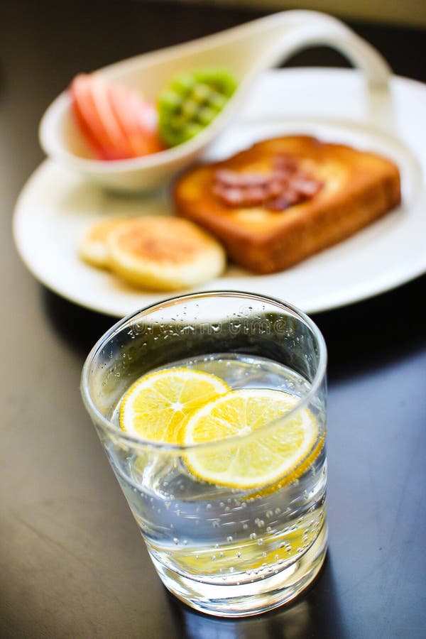 Morning Breakfast with Lemon Sparking Water Stock Image - Image of ...