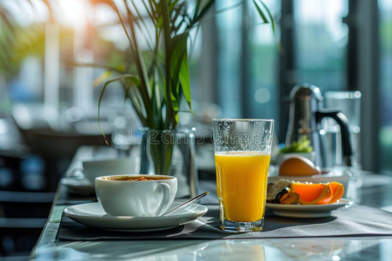 Morning Breakfast Setting with Coffee, Fresh Orange Juice, and Eggs on ...