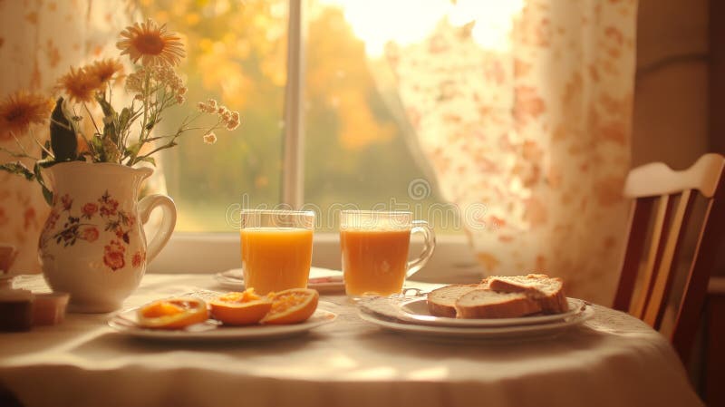 Morning Breakfast Table Illuminated by Sunlight, Featuring Freshly ...
