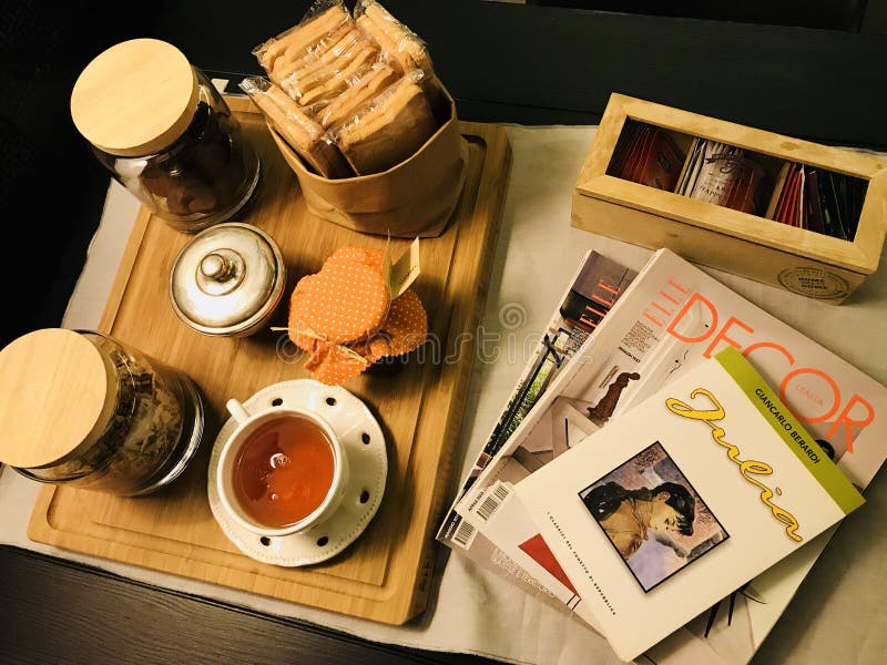 Morning Breakfast with Tea, Cookies and Magazines Editorial Image ...