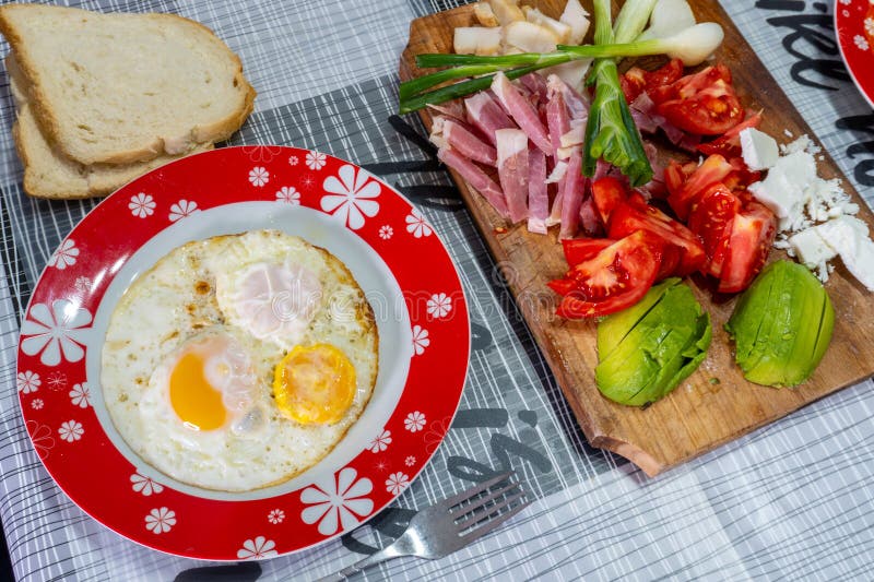 Morning Breakfast for Two People Top View Fried Eggs Tomato Avocado Ham ...
