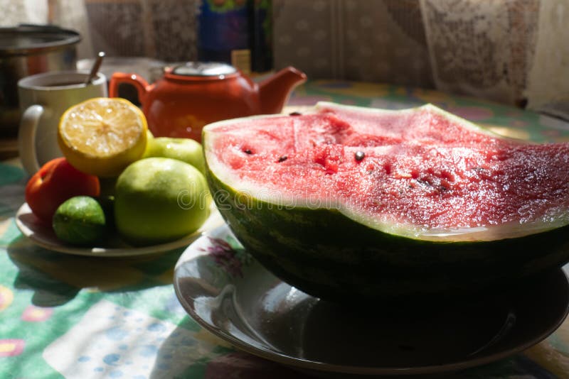 Morning Breakfast with Watermelon on the Table Stock Image - Image of ...