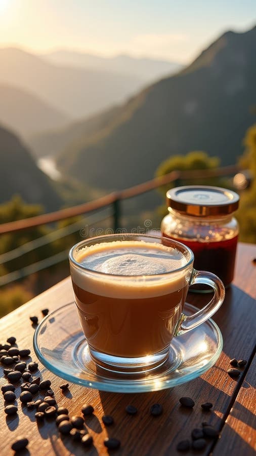 Morning Brew on Mountain Terrace with Sunrise and Coffee Beans Stock ...
