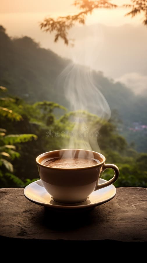 Morning Brew: Steaming Cup of Coffee in Mountain Light Stock Photo ...