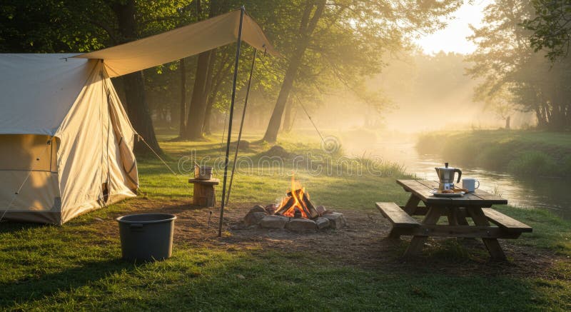 Morning Campsite by the River Stock Illustration - Illustration of ...