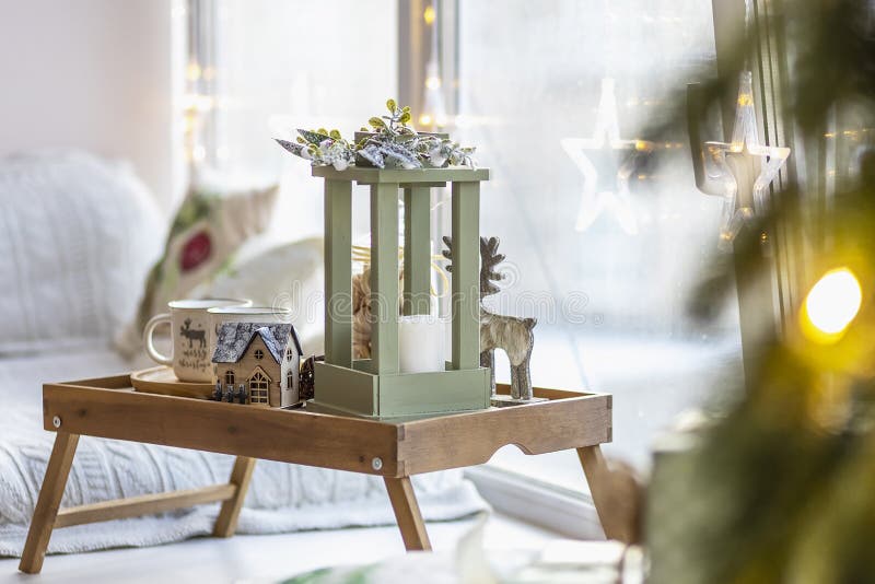 Morning Christmas Coffee with Marshmallows and Christmas Decorations on ...