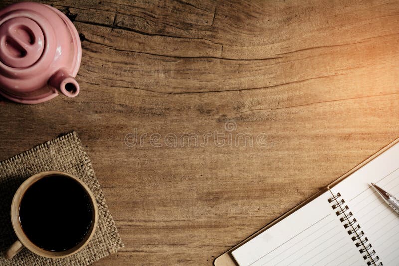Morning Coffee and Book Pen on Old Wood Table Stock Image - Image of ...