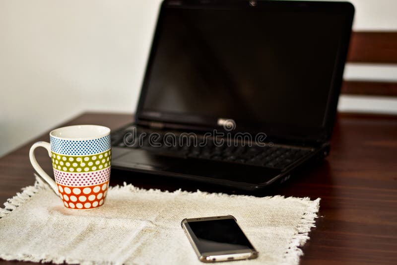 Morning Coffee, with the Computer and Cell Phone Stock Photo - Image of ...
