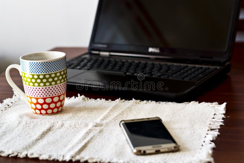 Morning Coffee, with the Computer and Cell Phone Stock Photo - Image of ...