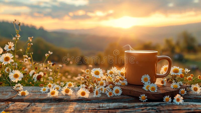 Morning Coffee in a Daisy Field at Sunrise - Generative Ai Stock ...