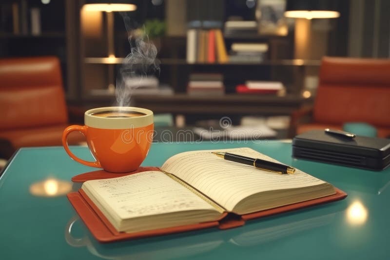 Morning Coffee with Diary and Pen on Office Table Stock Illustration ...
