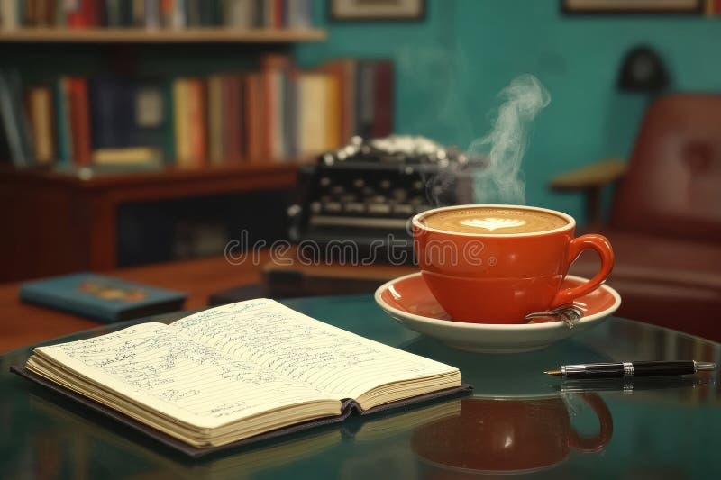 Morning Coffee with Diary and Pen on Office Table Stock Illustration ...