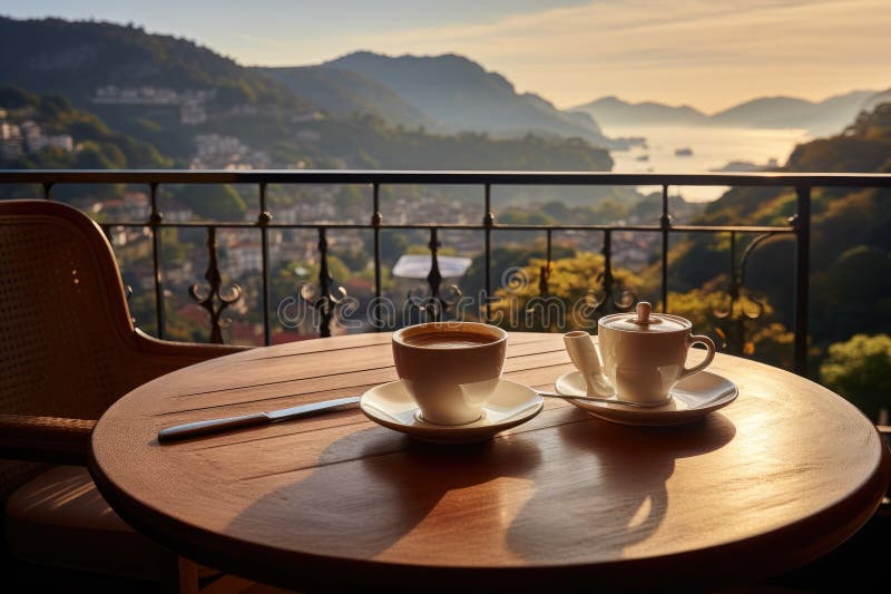 Morning Coffee with Mountain View. Generative AI Stock Illustration ...