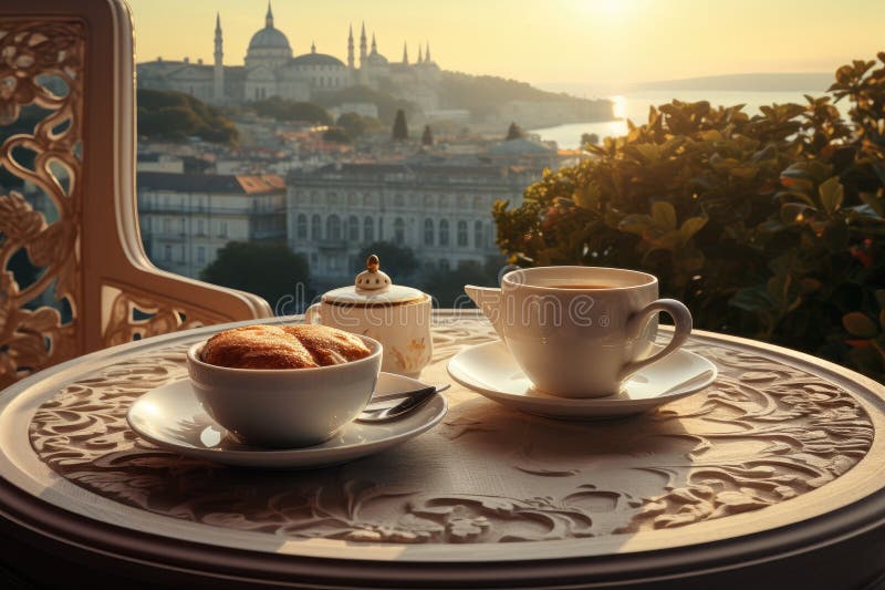 Morning Coffee with Mountain View. Generative AI Stock Illustration ...