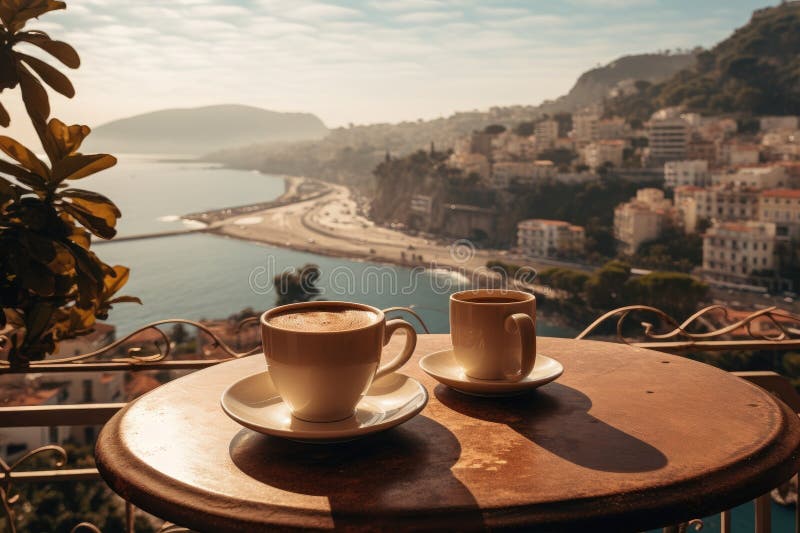 Morning Coffee with Mountain View. Generative AI Stock Illustration ...