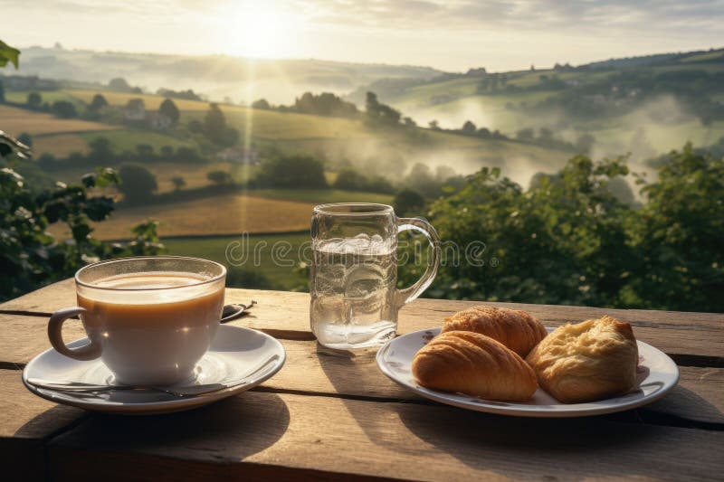 Morning Coffee with Mountain View. Generative AI Stock Illustration ...