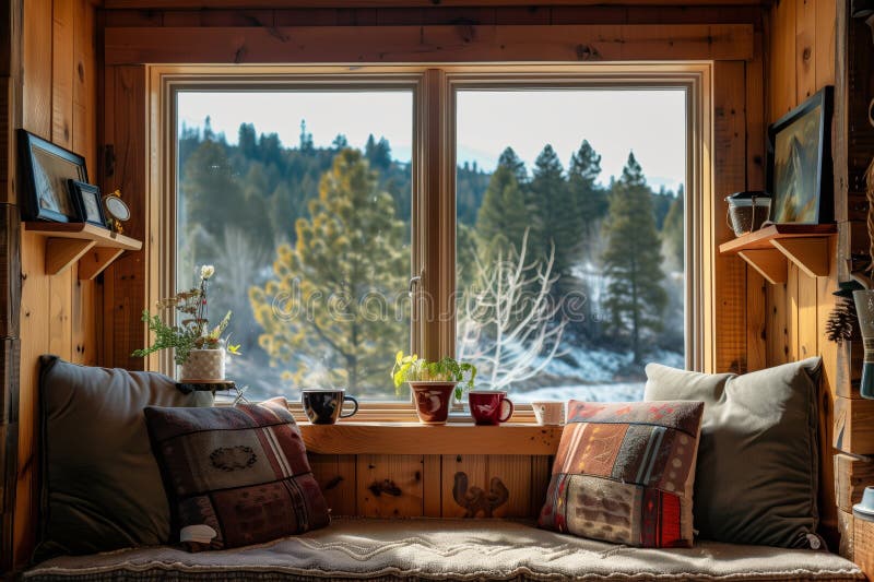 Morning Coffee Routine Inside a Cozy Mountain Cabin Window Seat Stock ...