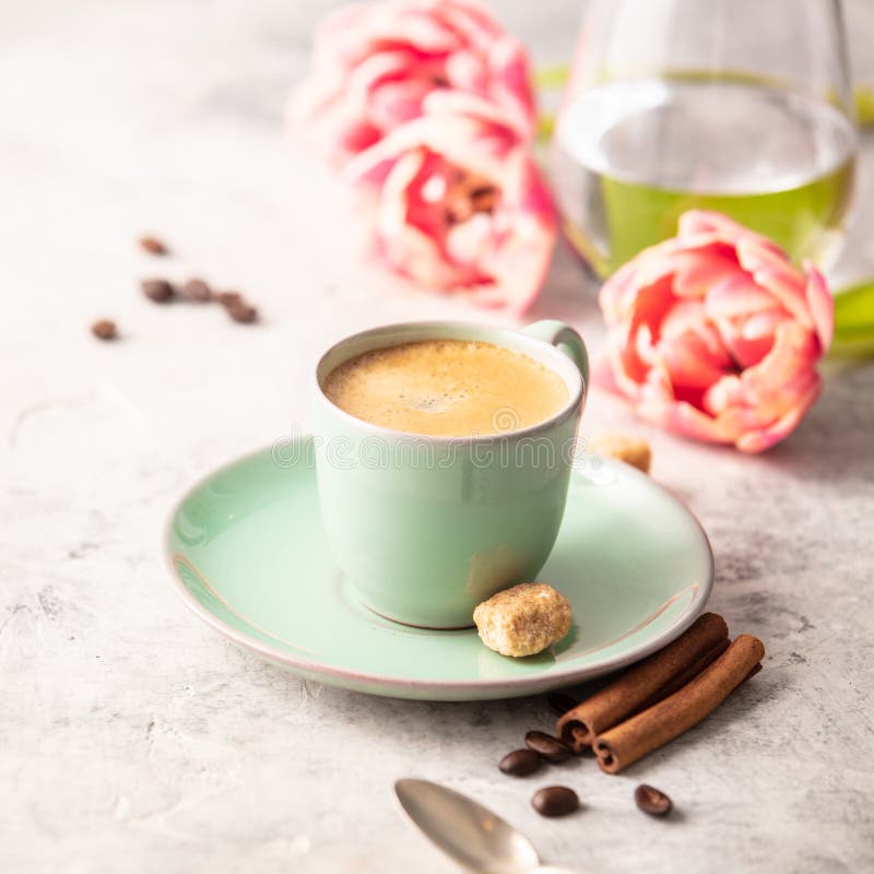 Morning Coffee and Spring Tulips on Light Grey Background Stock Photo ...