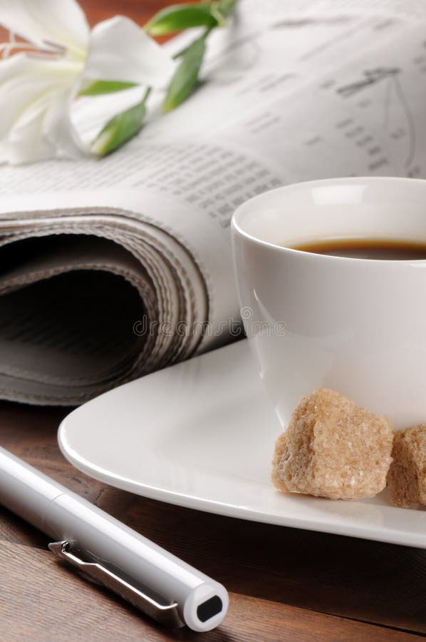 Morning Coffee Time With Newspaper Stock Image - Image of liquid ...