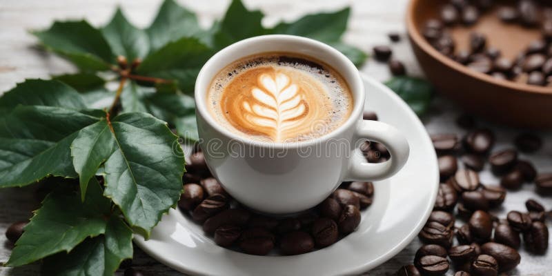 Morning Coffee Top View on White Fresh Foliage and a Cup of Espresso ...