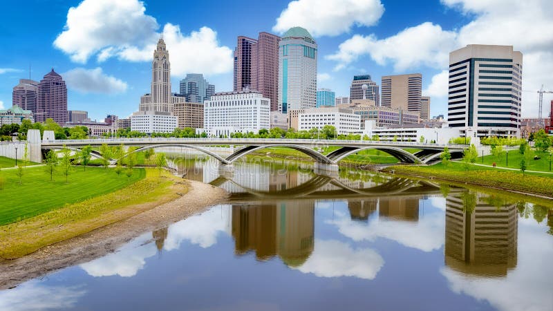Columbus River and Ohio Skyline with Clouds and Reflection in the Water ...