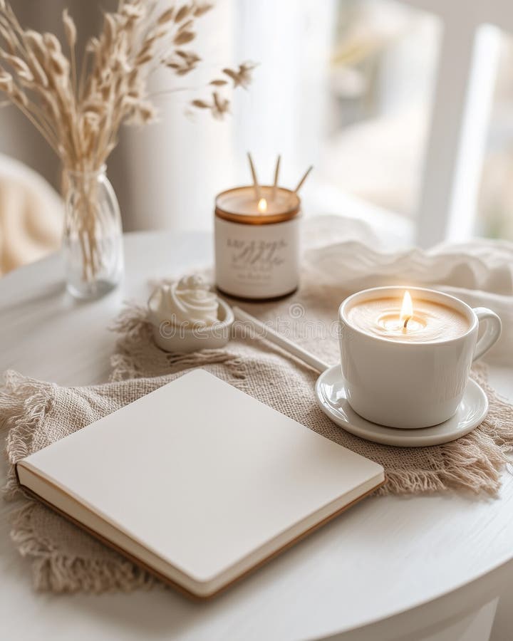 Morning Cup Coffee Burning Candle Blank Journal Rustic Table Soft ...